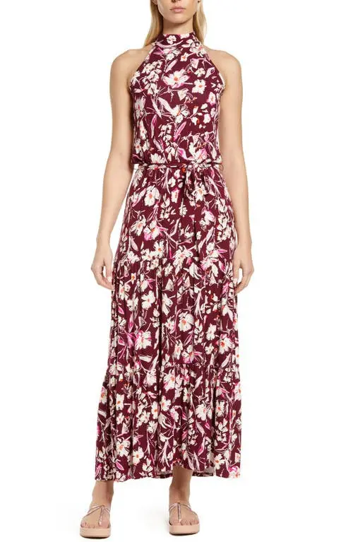 Loveappella Floral High-low Halter Neck Knit Maxi Dress