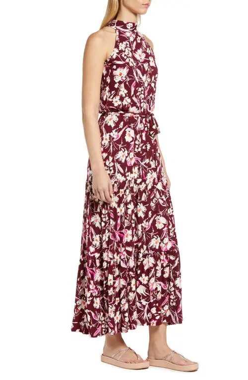 Loveappella Floral High-low Halter Neck Knit Maxi Dress