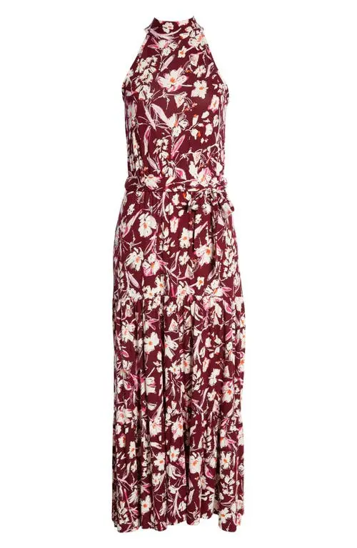 Loveappella Floral High-low Halter Neck Knit Maxi Dress