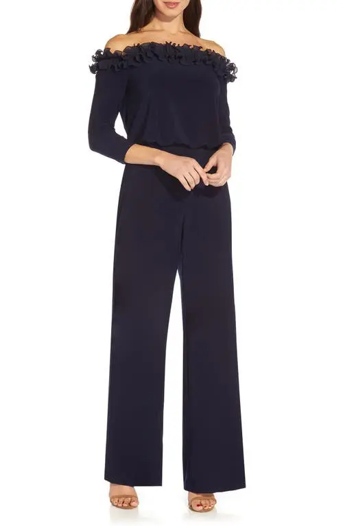 Adrianna Papell Ruffle Off-the-shoulder Jumpsuit - Navy
