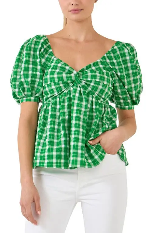 English Factory Twist Front Gingham Top - Green