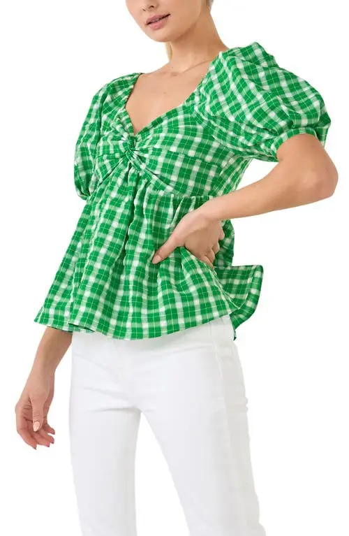 English Factory Twist Front Gingham Top - Green