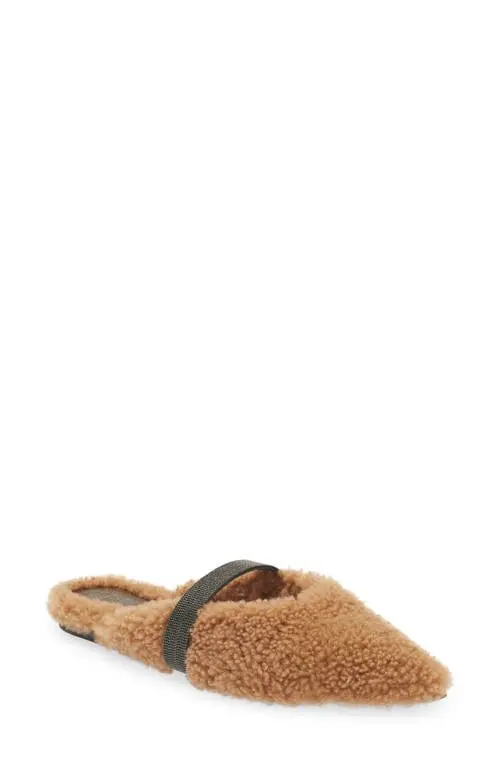 Brunello Cucinelli Monili Beaded Genuine Shearling Slide - Camel