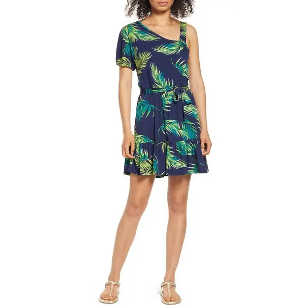 Loveappella Palm Print One-Shoulder Knit Dress In Navy Palm - 30% Off |  Editorialist