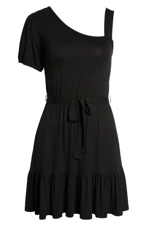 Loveappella One-shoulder Ruffle Hem Knit Dress - Black