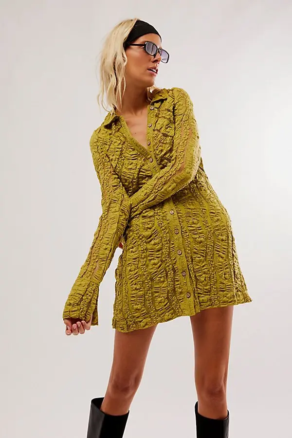 chinese dress ladies Free People Womens Green Floral Long Sleeve Short Shirt Dress Size: XS at  Amazon Women's Clothing store main image 0