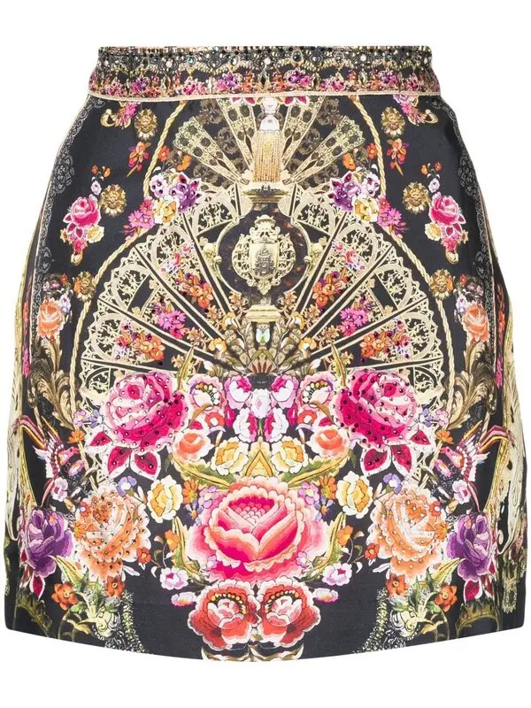 Camilla Baroque-print Mini Skirt - Black
