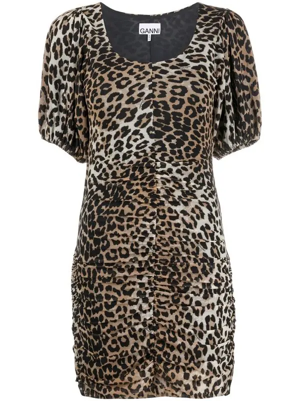 GANNI Leopard-print Ruched Mini Dress - Brown