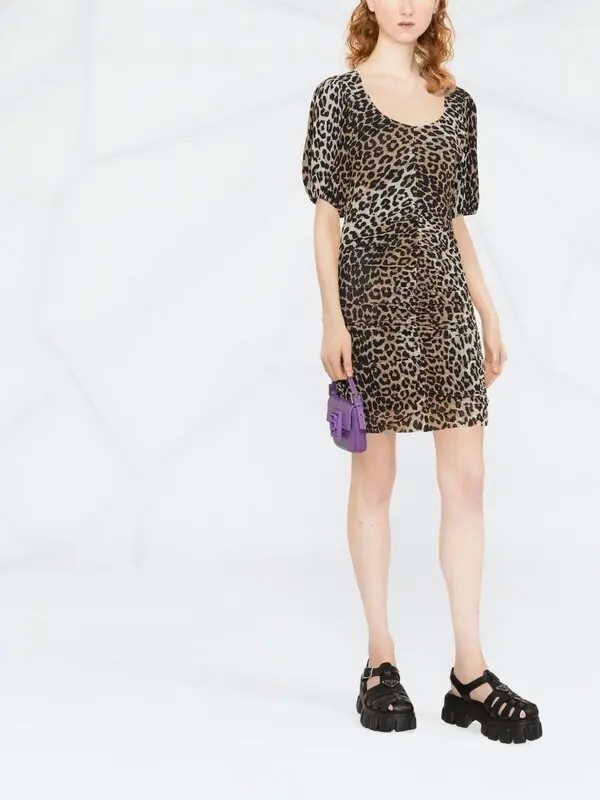 GANNI Leopard-print Ruched Mini Dress - Brown