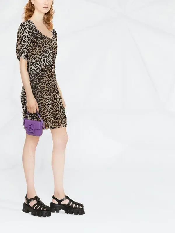 GANNI Leopard-print Ruched Mini Dress - Brown