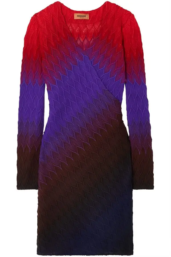 Missoni Wrap-effect Dégradé Crochet-knit Wool Mini Dress - Red