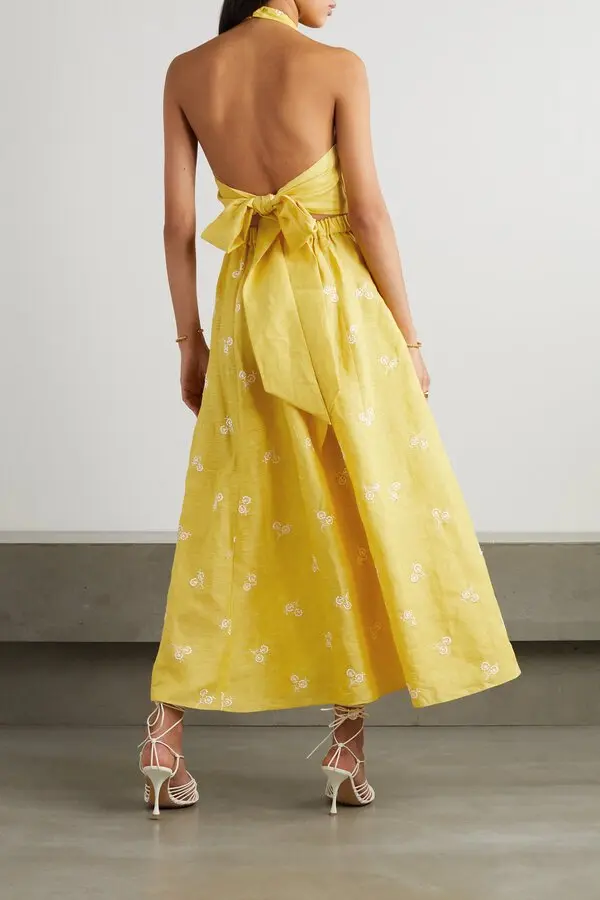 green emerald velvet dress Yrjö Yellow Floral Embroidered Midi Dress, M / Yellow main image 1
