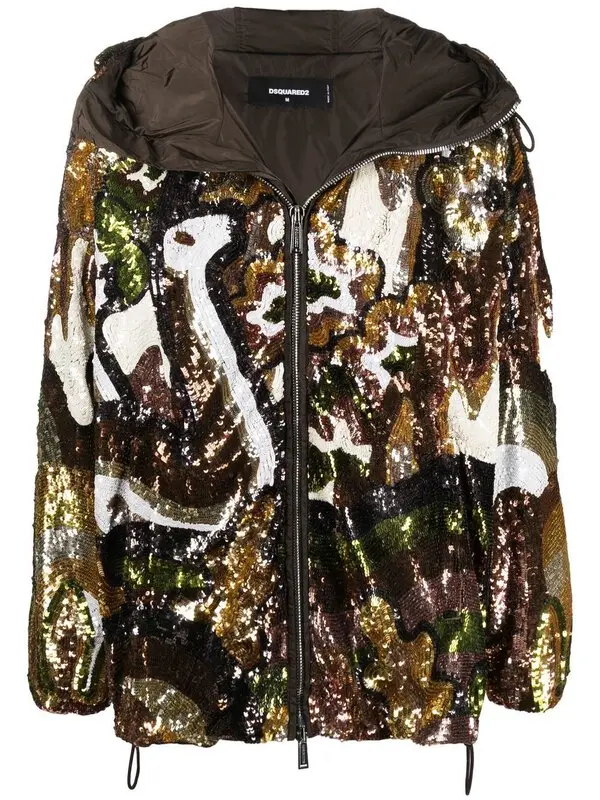Dsquared2 Sequined Abstract Print Zip-up Hooded Jacket - Brown