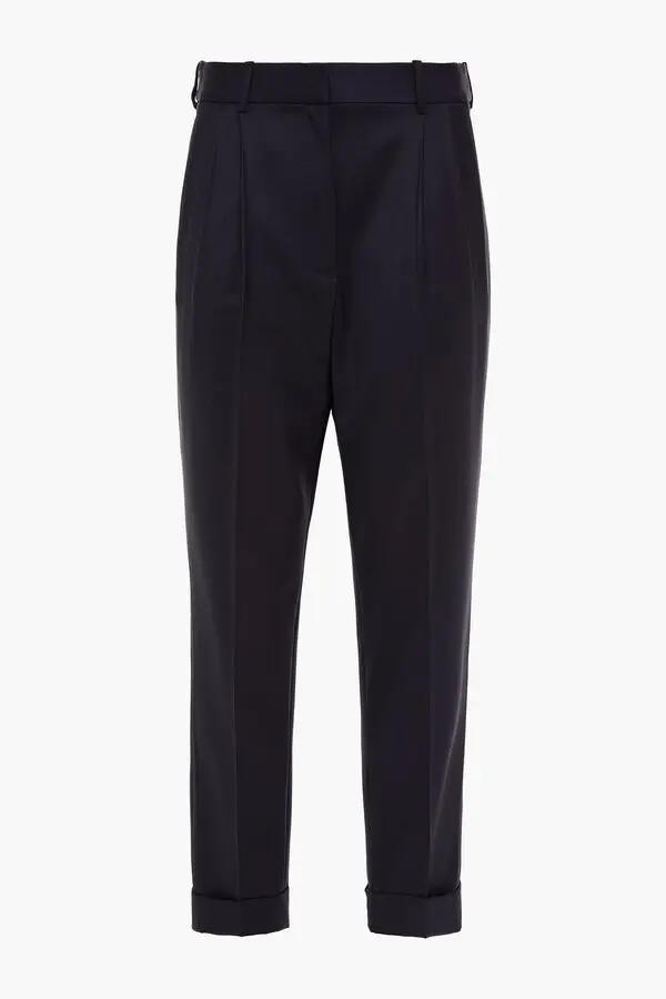 NILI LOTAN Cropped Pleated Wool-blend Twill Tapered Pants - Navy