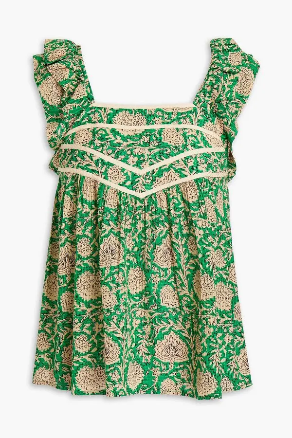 Ba&sh Gathered Ruffletrimmed Floralprint Jacquard Top - Green
