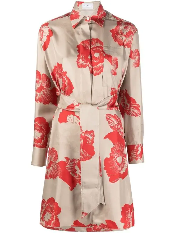 FERRAGAMO Floral Print Belted Shirt Dress - Neutrals