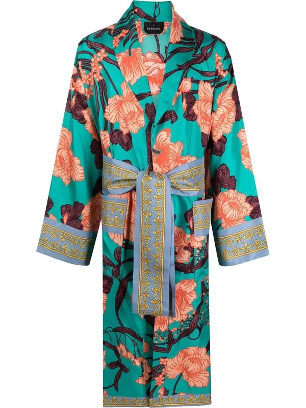 Versace Graphic-print Silk Robe - Blue