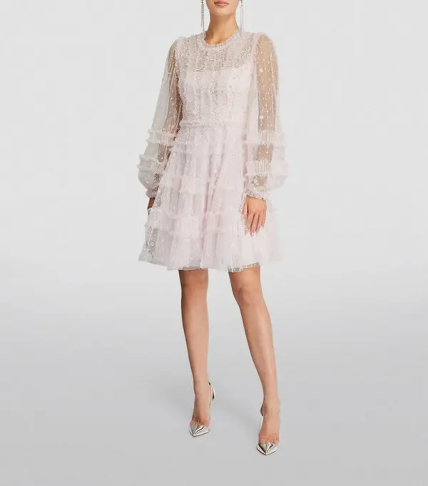 short sleeve sequin mini dress Blue Tulle Trim Sequin Dress