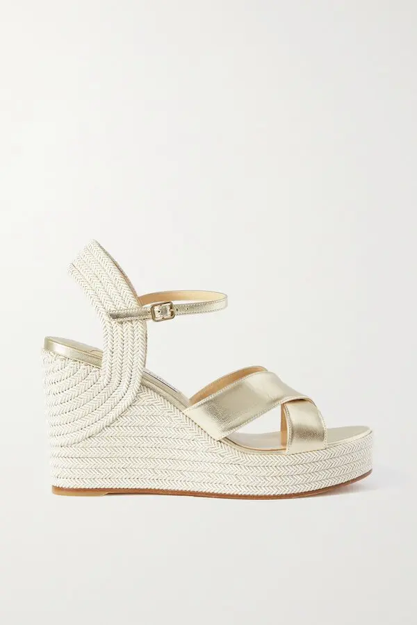 JIMMY CHOO Dellena 100 Metallic Leather Espadrille Wedge Sandals - Neutrals