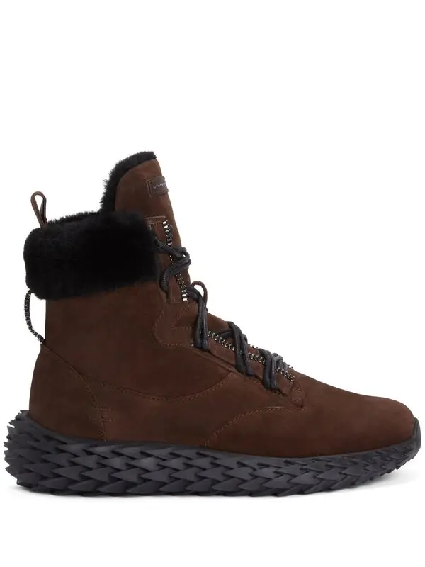 GIUSEPPE ZANOTTI Shearling-trim Hi-top Sneakers - Brown