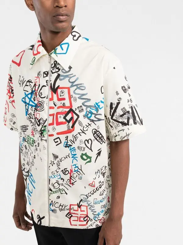 Givenchy Graffiti-Print Zip-Front Shirt - Neutrals | Editorialist