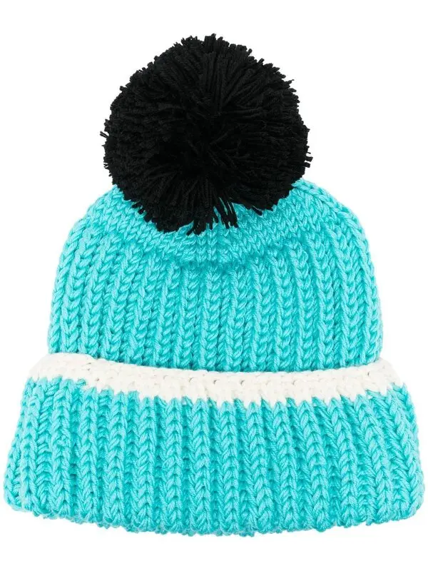 Patou Pompom-trim Knitted Beanie - Blue