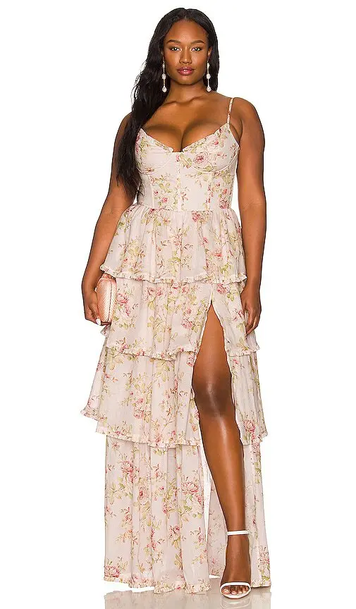 Chapman Caterina Tiered Ruffle Maxi Dress Pink Rose Print