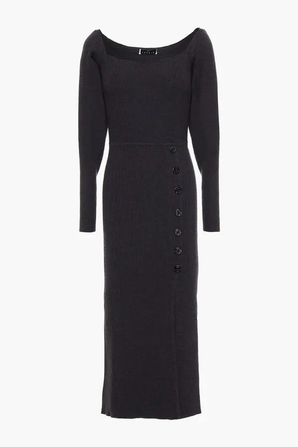Sandro Ribbed Knit Midi Dress With Button Embellishments And Gathered Sleeves - Anthracite