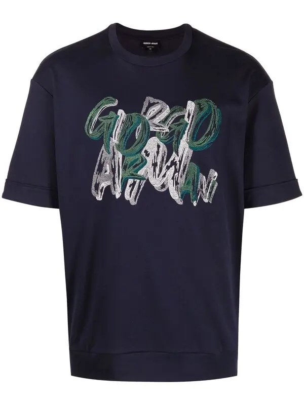 Giorgio Armani Graphic Logo-Print Cotton T-Shirt - Blue - 40