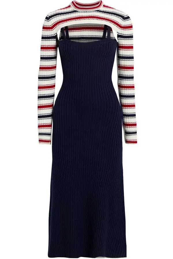 Rosie Assoulin Striped Convertible Merino Wool-blend Slip Dress - Navy