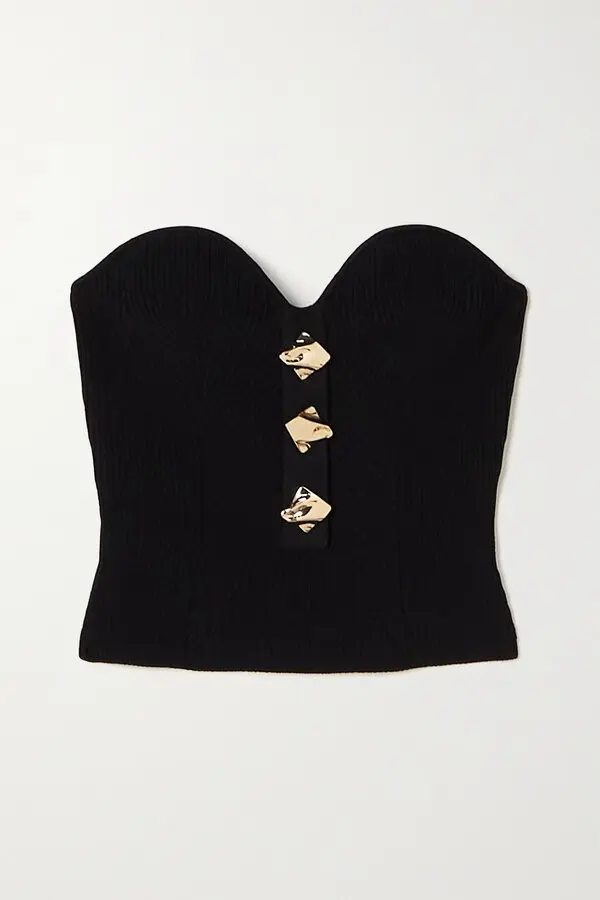 SELF-PORTRAIT Strapless Button-embellished Ribbed-knit Top