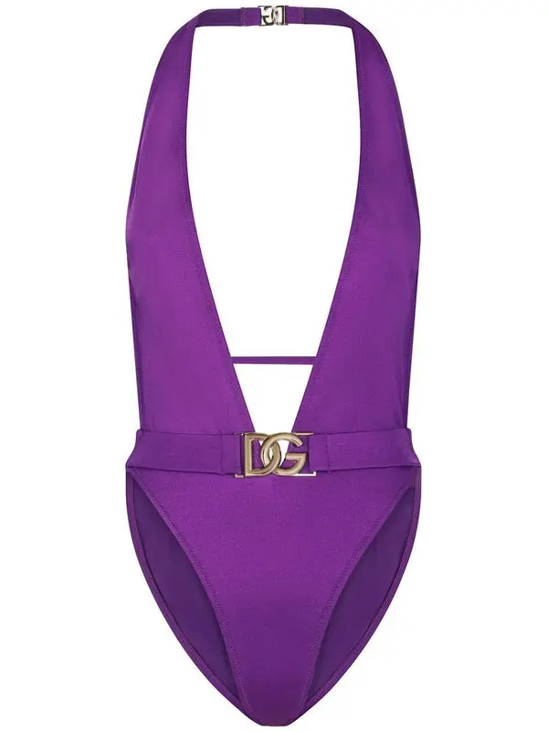 Dolce & Gabbana Logo Plaque Halterneck Swimsuit - Purple