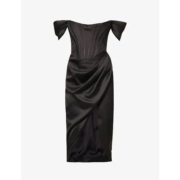 House Of Cb Loretta Off-shoulder Satin Midi Dress - Black