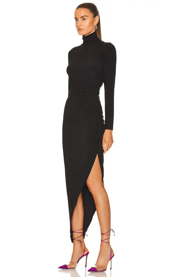 Norma Kamali Long Sleeve Turtleneck Side Drape Gown - Black