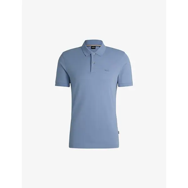 BOSS Logo-embroidered Brand-tab Regular-fit Cotton-piqué Polo Shirt - Open Blue