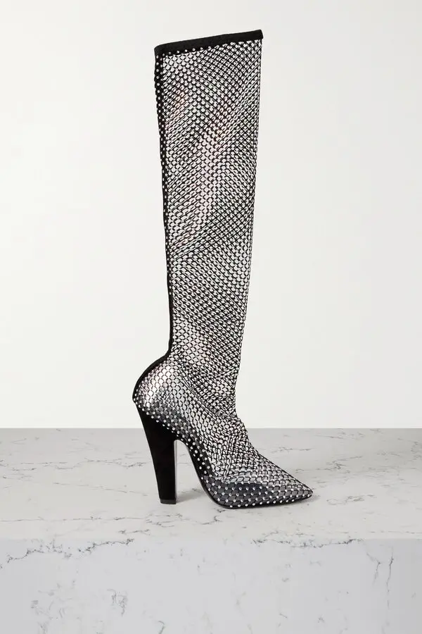 Saint Laurent Suede-trimmed Crystal-embellished Fishnet Knee Boots