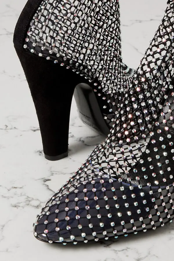 Saint Laurent Suede-trimmed Crystal-embellished Fishnet Knee Boots