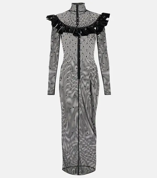 Alessandra Rich Embellished Mesh Midi Dress - Black