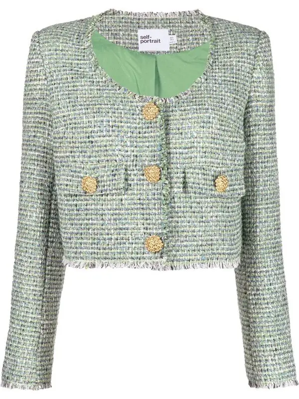 SELF-PORTRAIT Tweed Scoop-neck Jacket - Green