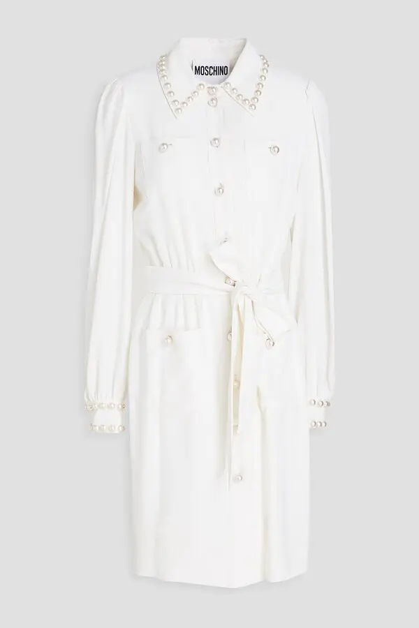 Moschino Gathered Embellished Crepe Shirt Dress - White
