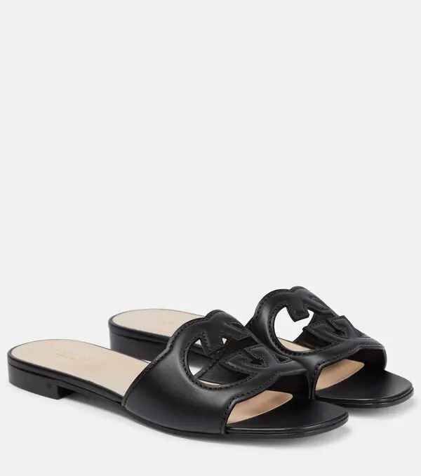 Gucci Interlocking G Cutout Leather Sandals - Black
