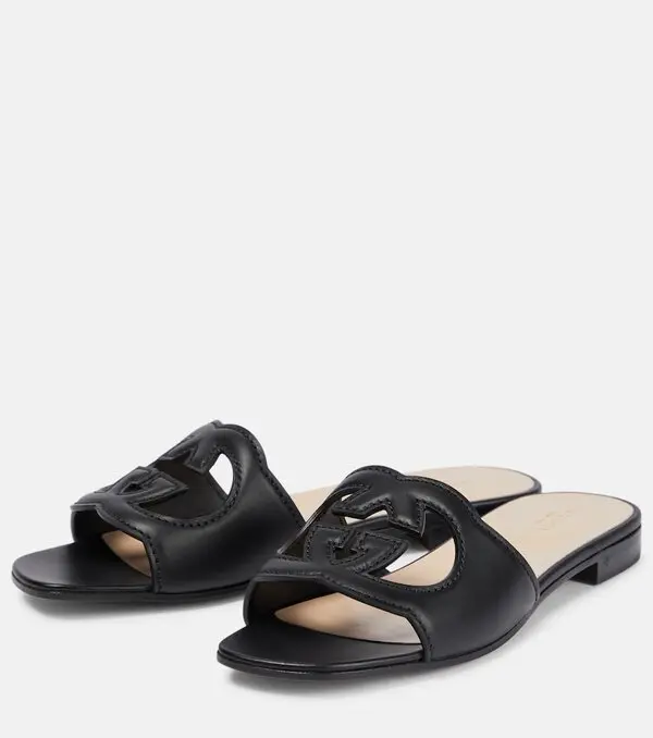 Gucci Interlocking G Cutout Leather Sandals - Black