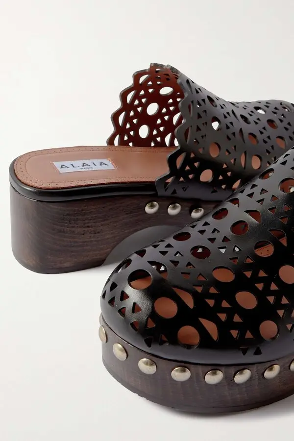 Alaïa 60 Studded Laser-cut Leather Platform Clogs