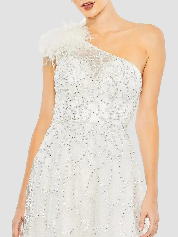 Mac Duggal One-shoulder Feathered A-line Gown - Ivory