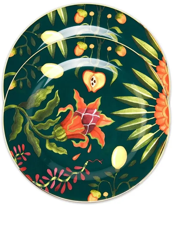 La DoubleJ Dragonfruit-print Set Of Two Dessert Plates - Green