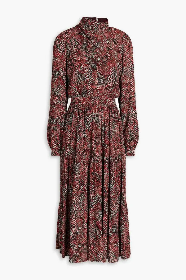 NICHOLAS Gathered Printed Georgette Midi Dress - Burgundy