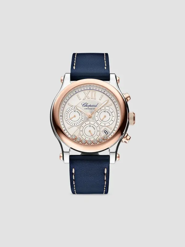 Chopard Happy Sport Stainless Steel, 18k Rose Gold, Diamond, & Leather Chronograph Watch - Blue