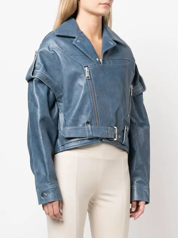 MANOKHI Calf Leather Biker Jacket - Blue