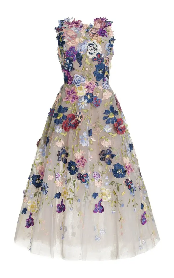 Marchesa Embroidered Midi Dress In Floral - 60% Off | Editorialist
