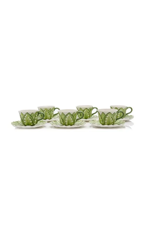 MODA DOMUS Set-of-six Lily Of The Valley Ceramic Breakfast Cup And Saucer - Green